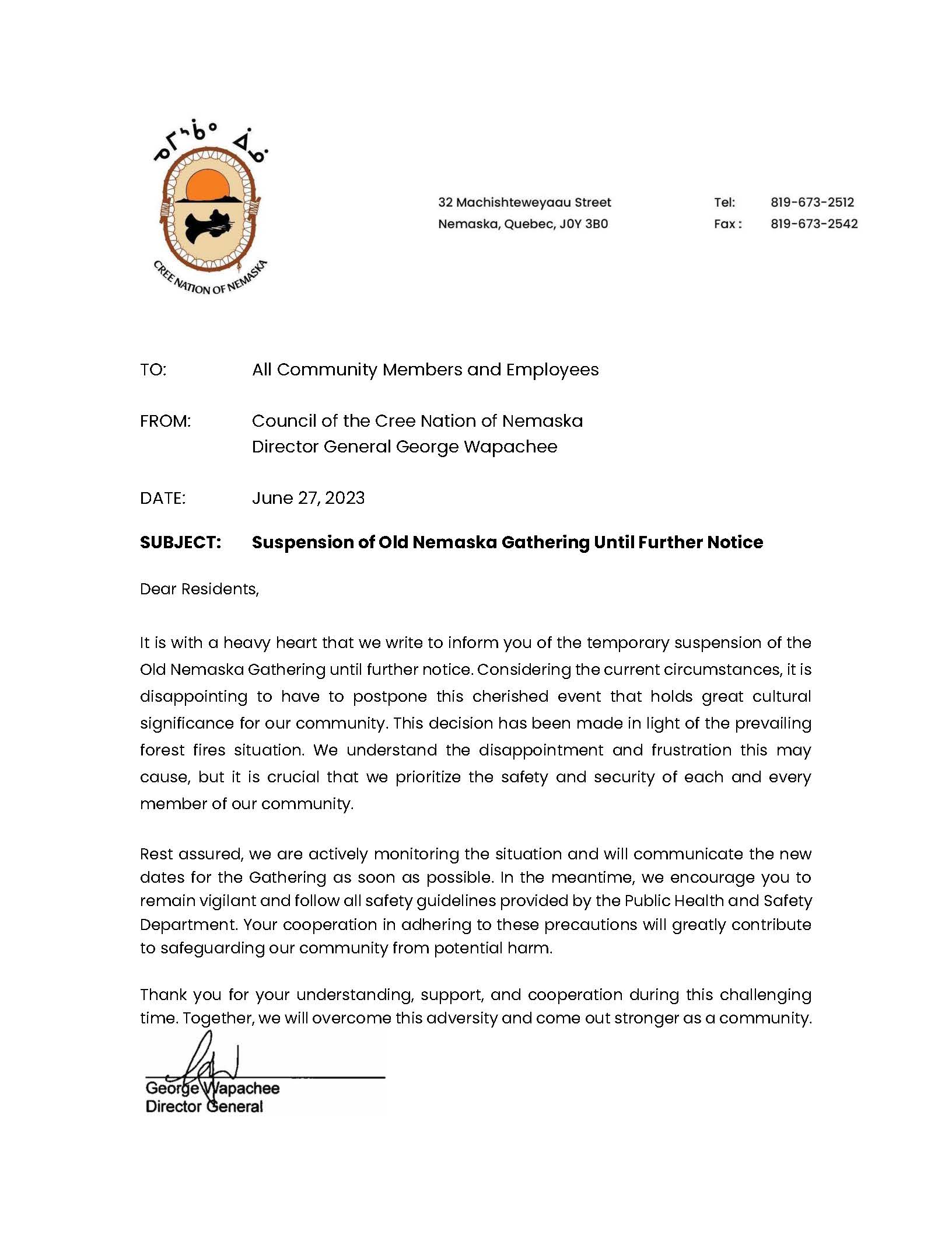 Suspension of Old Nemaska Gathering Until Further Notice | Nemaska